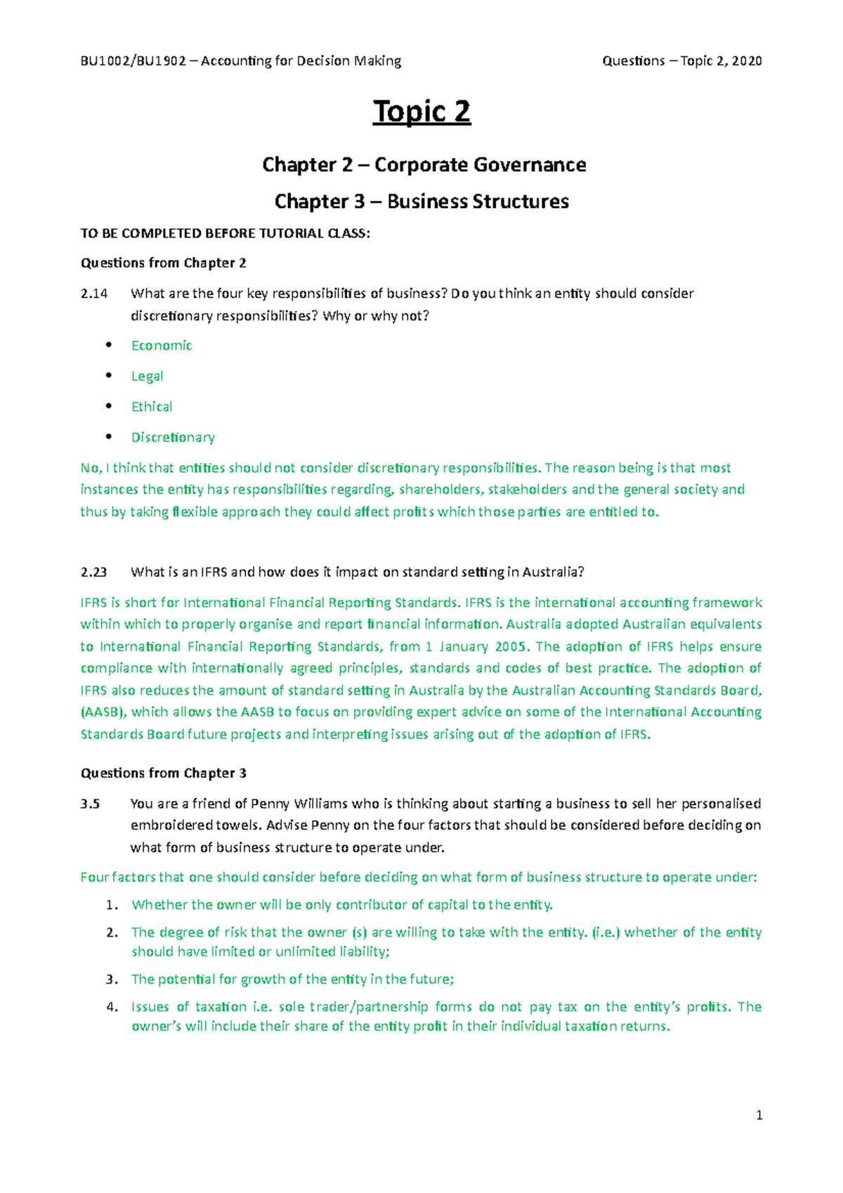 Topic 2 - Tutorial Questions 2020 - Topic 2 Chapter 2 – Corporate ...