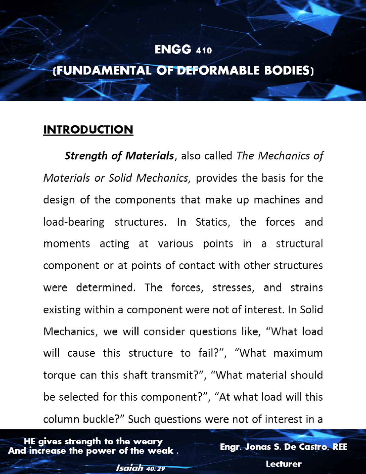 1.Module 1 I Introduction to Fundamentals of Deformable Bodies - Mechanical Engineering - Studocu