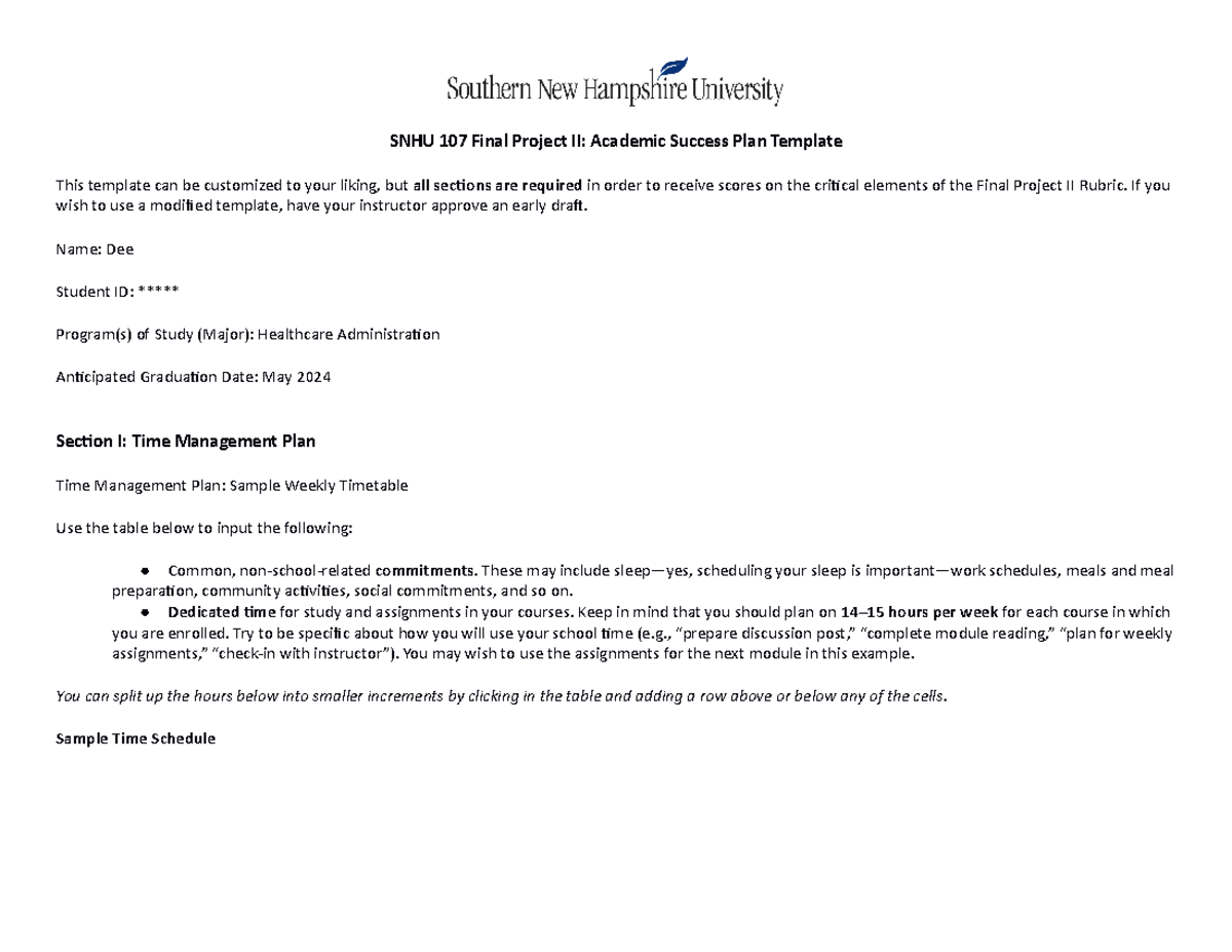 SNHU 107 Final Project II Academic Success Plan Template - If you wish ...