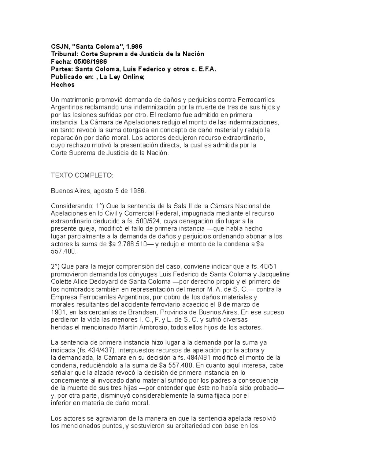 Fallo Santa Coloma - CSJN, "Santa Coloma", 1. Tribunal: Corte Suprema ...