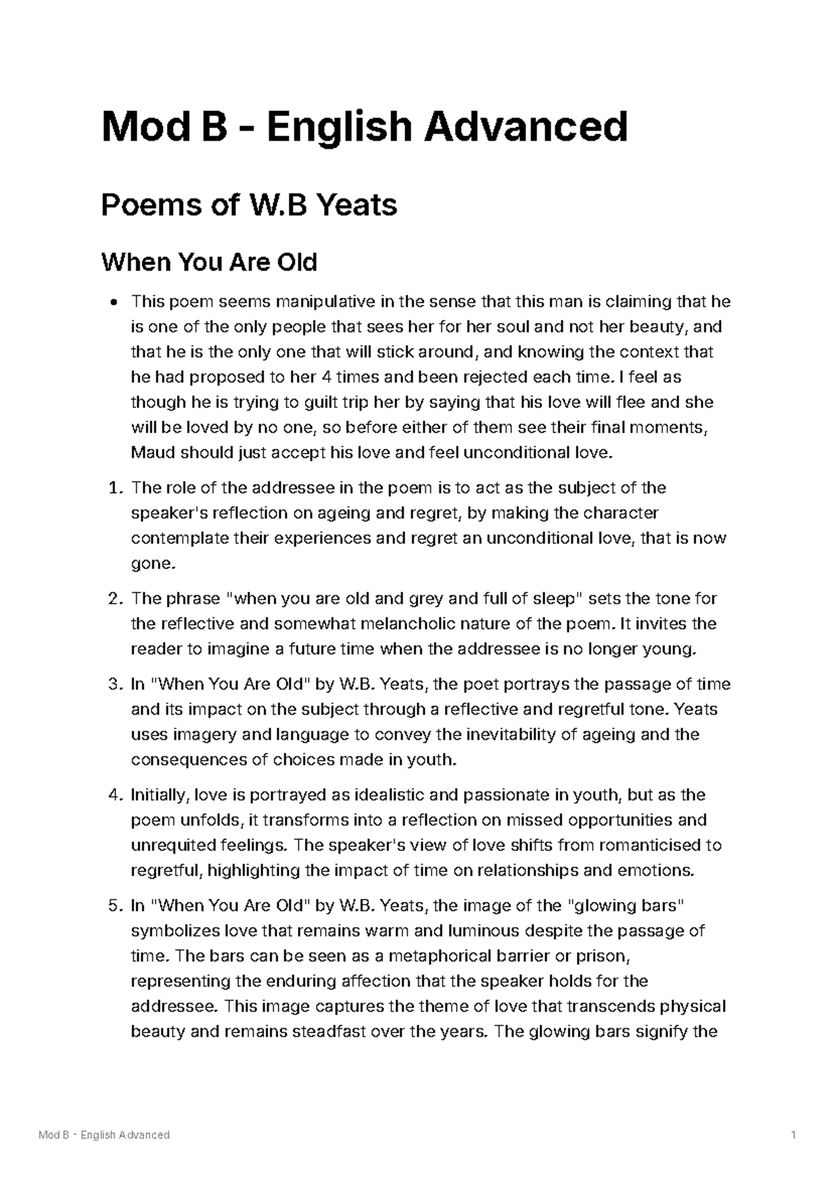 Poetry of W.B Yeats - Mod B - English Advanced Poems of W Yeats When ...
