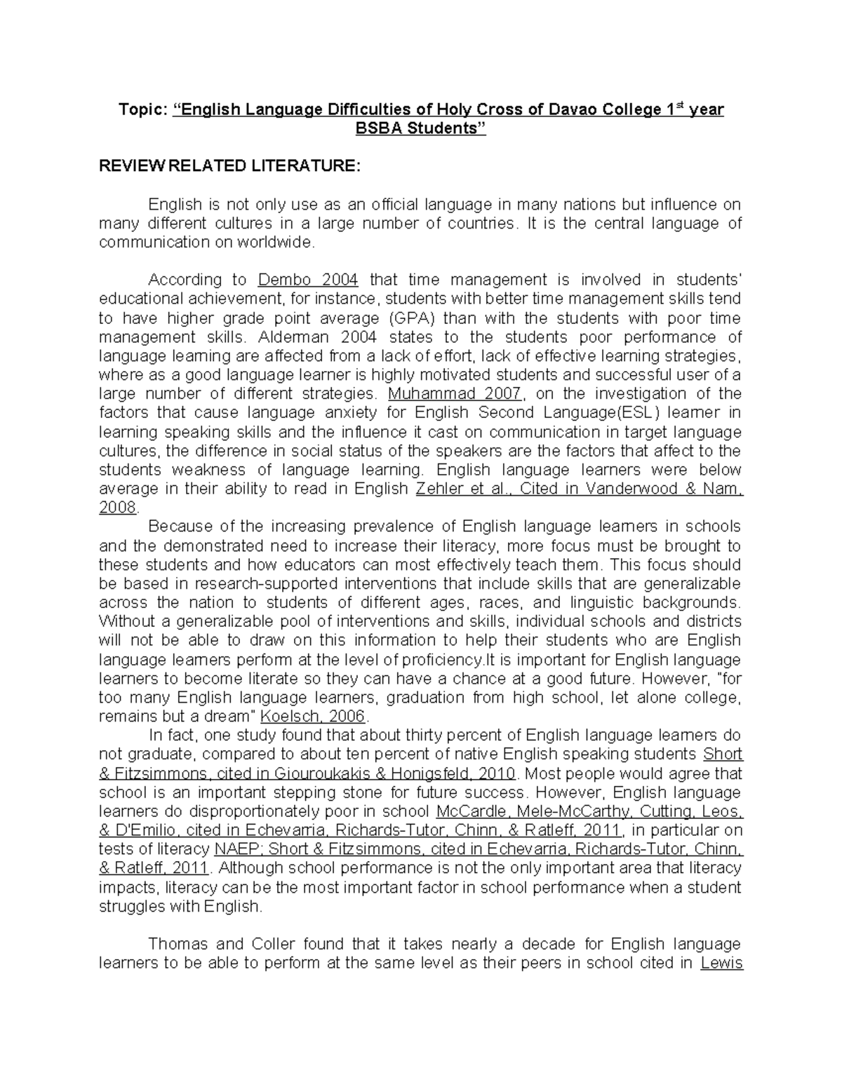 English language difficulties of holy cr - Topic: “English Language ...