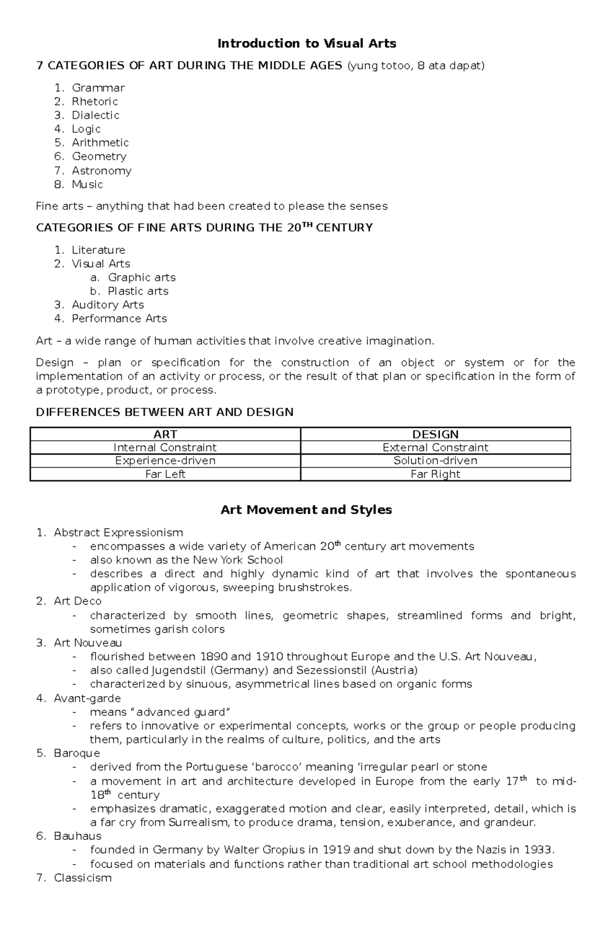 RVA Reviewer - Art movements - Introduction to Visual Arts 7 CATEGORIES ...
