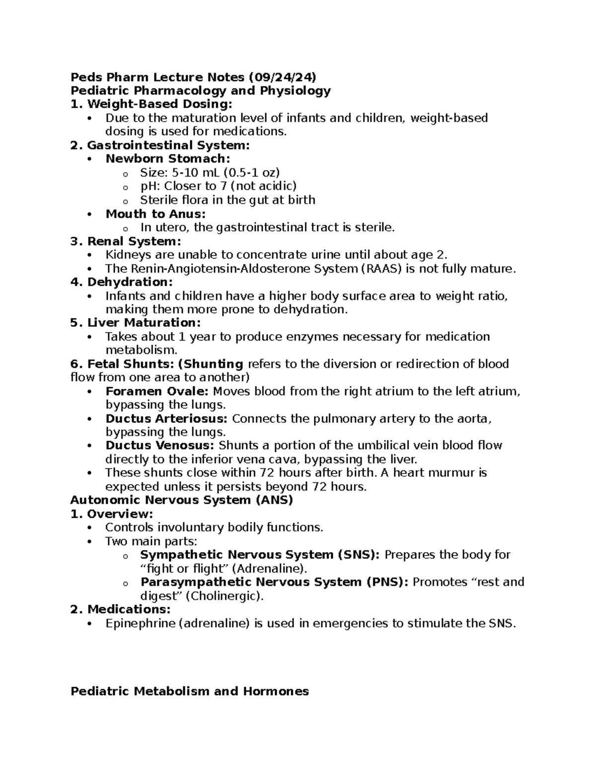 Peds Lab Notes Test 1 0924 - Peds Pharm Lecture Notes (09/24/24 ...
