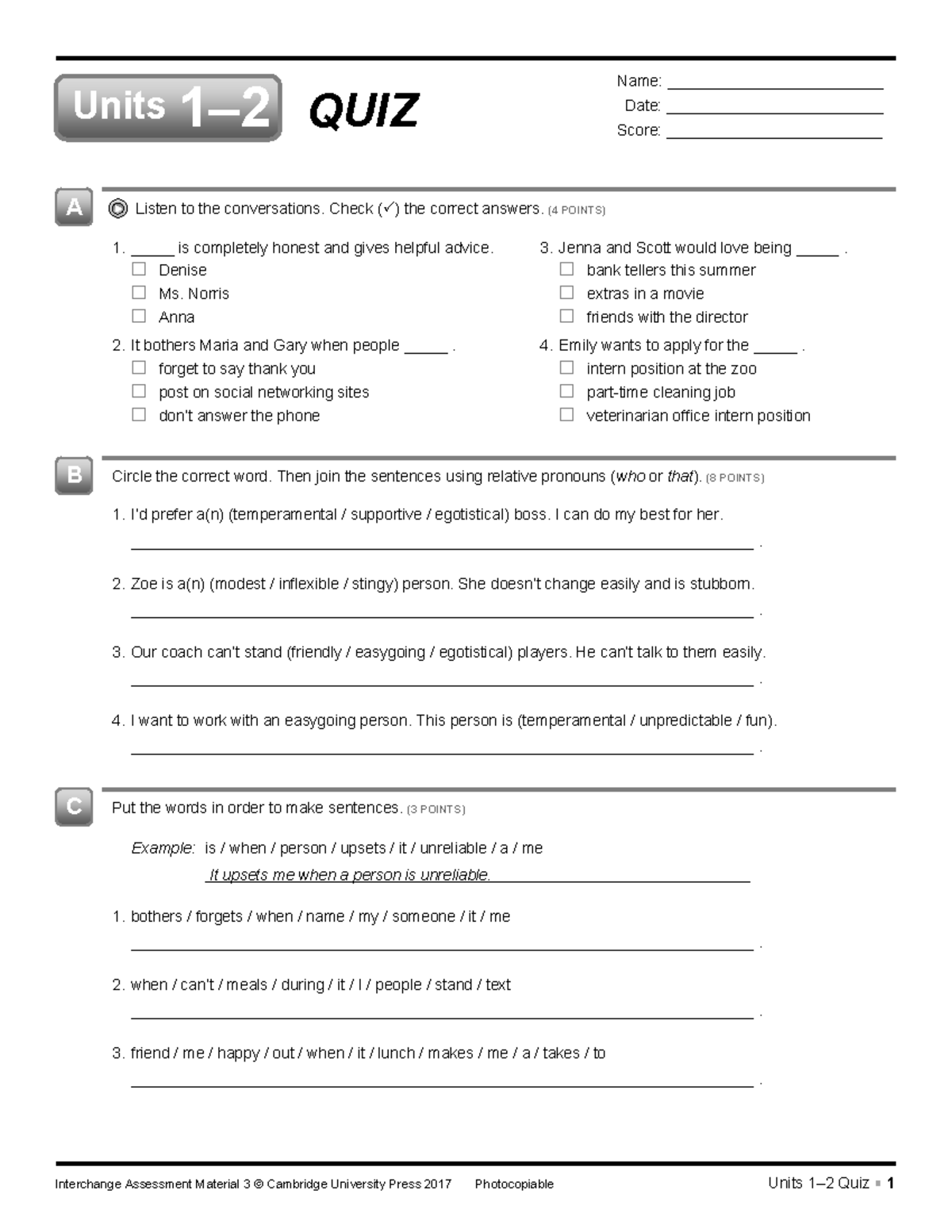 IC5 L3 WQ U1to2 - Quizz - Interchange Assessment Material 3 © Cambridge ...