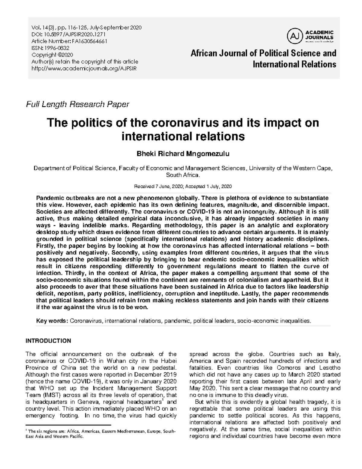 The politics of the coronavirus and its impact on - Vol. 14(3), pp. 116 ...