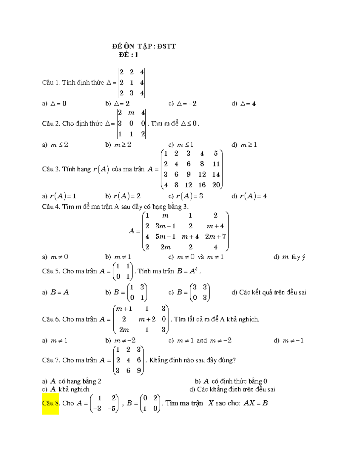 ĐỀ ÔN TẬP-DSTT-2024 - ĐỀ ÔN TẬP-DSTT-2024 - ĐỀ ÔN TẬP : ĐSTT ĐỀ : 1 Câu ...