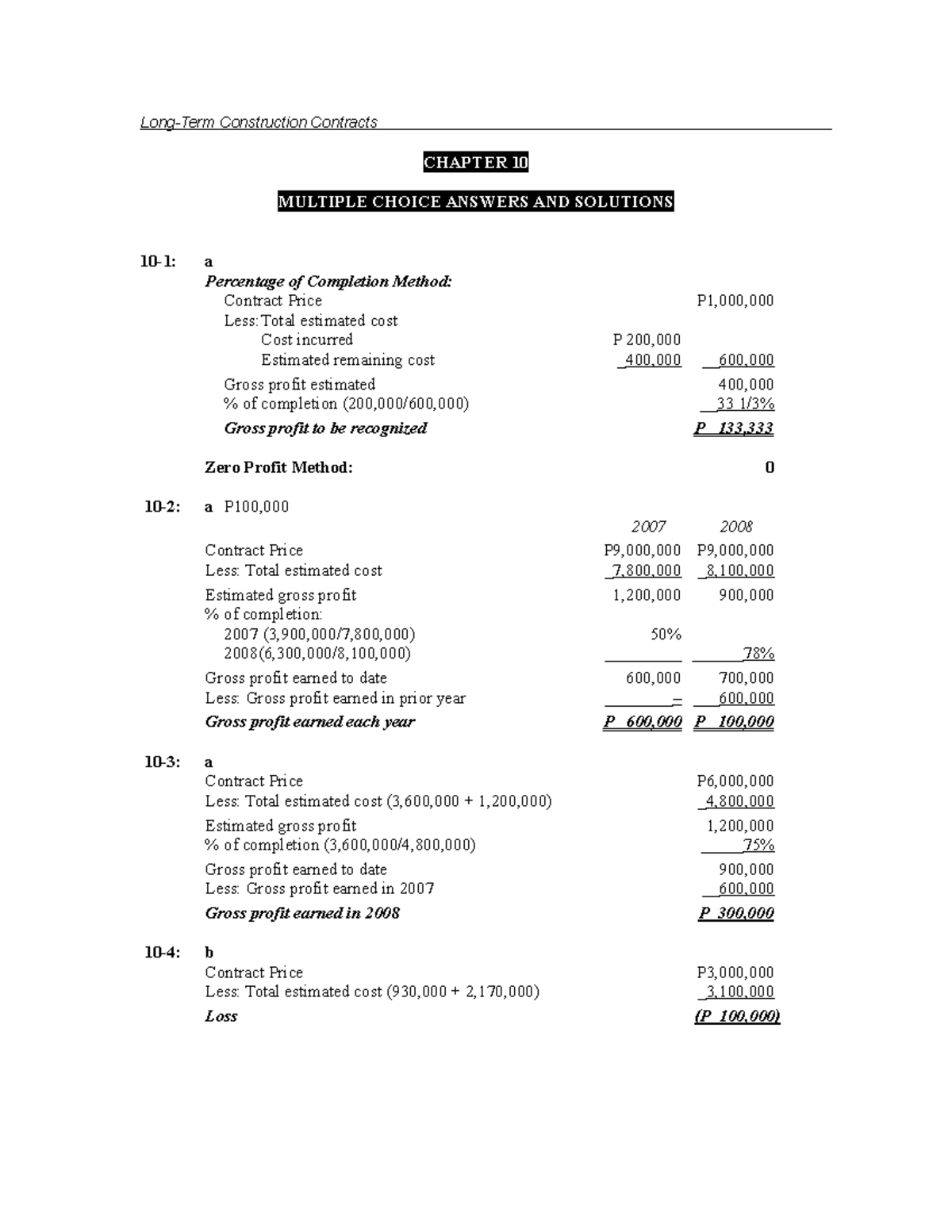Cost accounting - Long-Term Construction Contracts CHAPTER 10 MULTIPLE ...