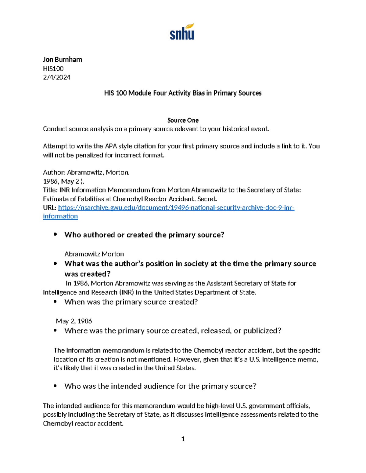 HIS 100 Module Four Activity Bias - Attempt to write the APA style ...