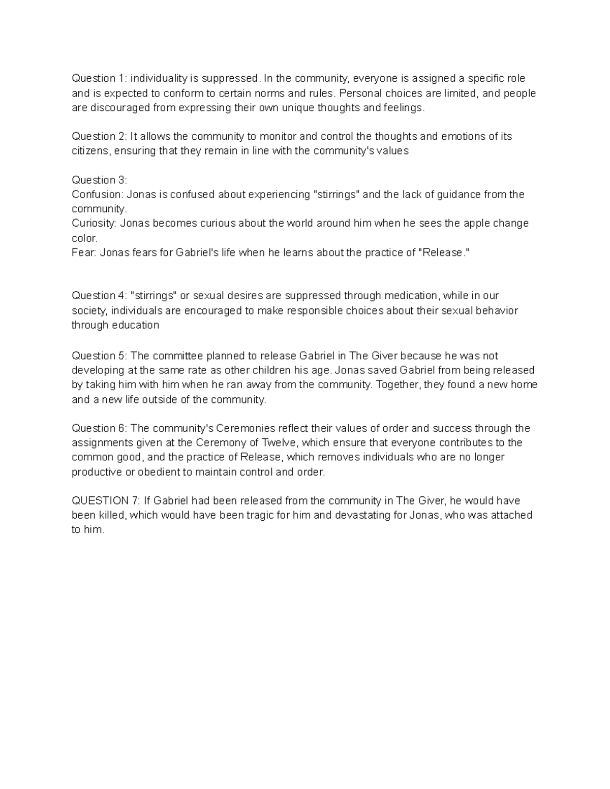 The giver chapter 5 and 6 question answers - Question 1: individuality ...