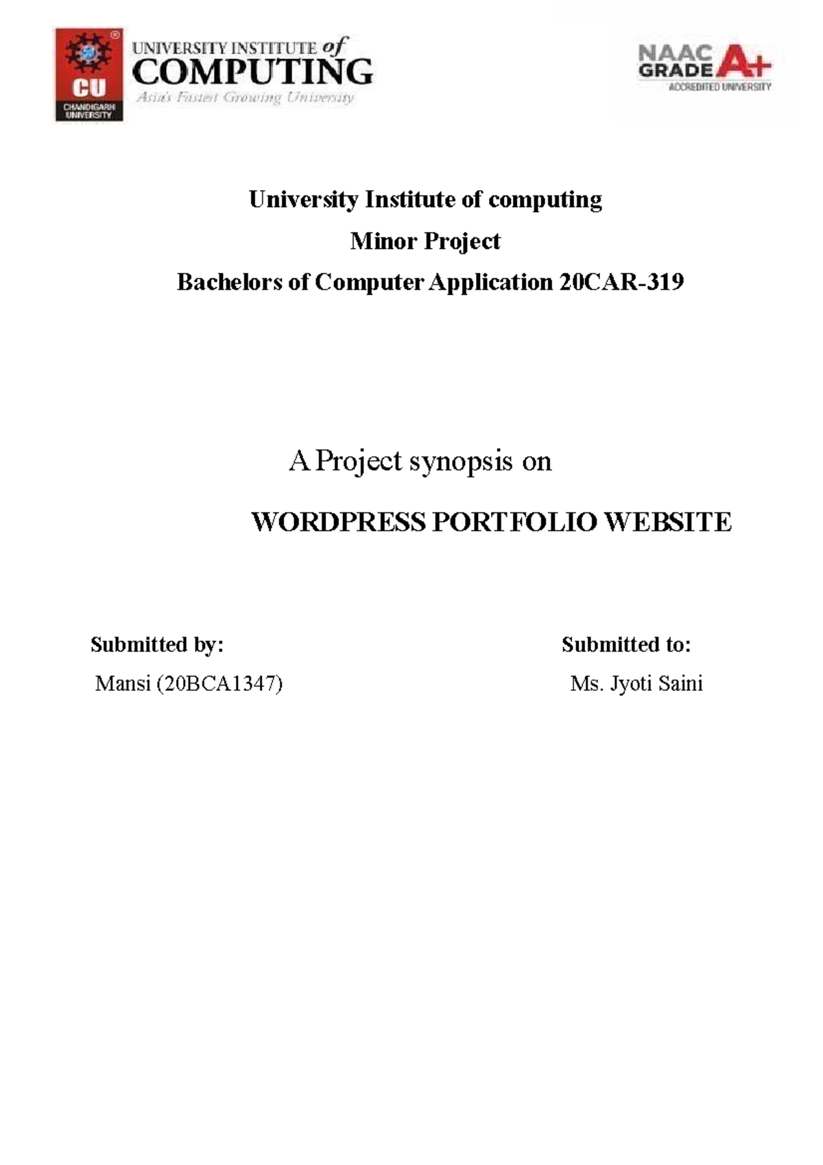 Final Project Report 20BCA1347 Mansi - University Institute of ...