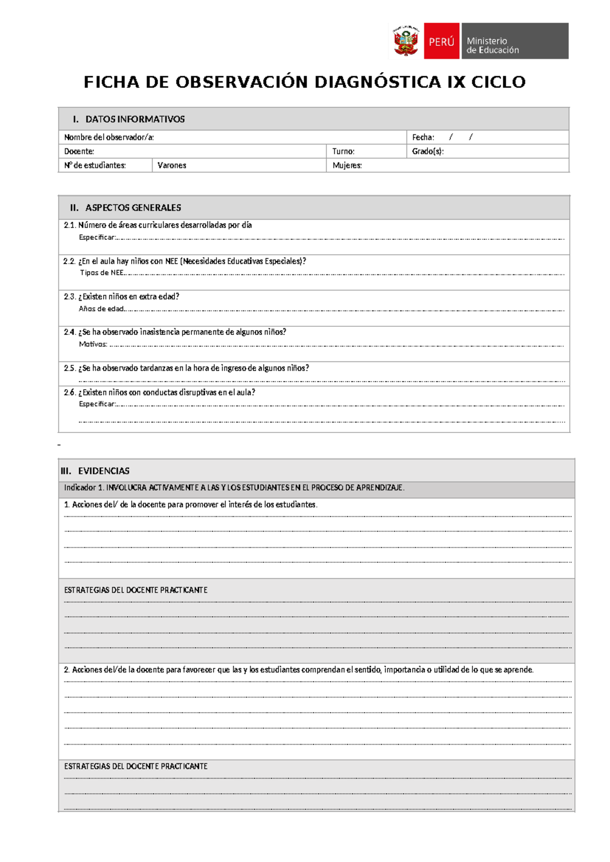 Ficha de Observación Diagnóstica - FICHA DE OBSERVACIÓN DIAGNÓSTICA IX CICLO I. DATOS ...