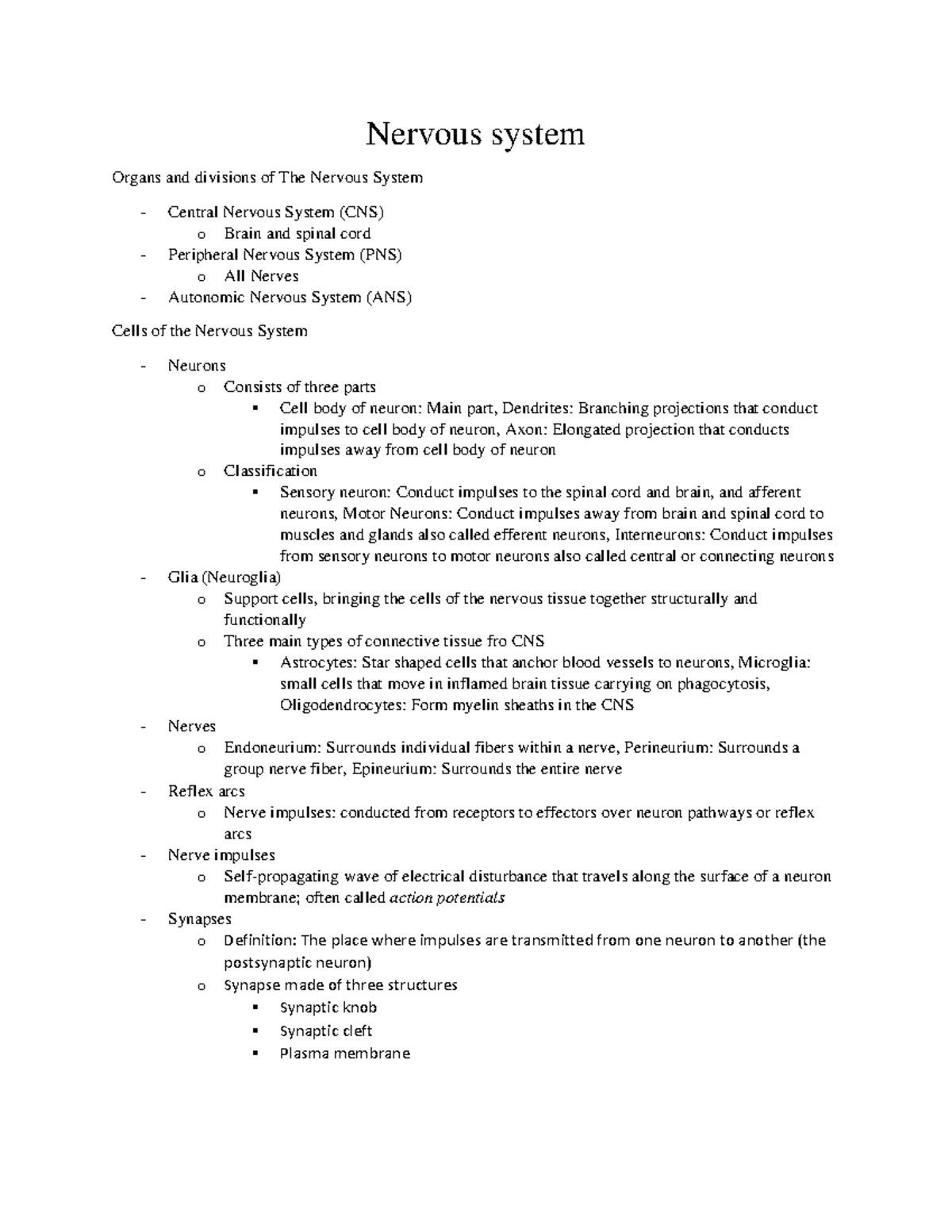 Nervouse system - Notes - Nervous system Organs and divisions of The ...