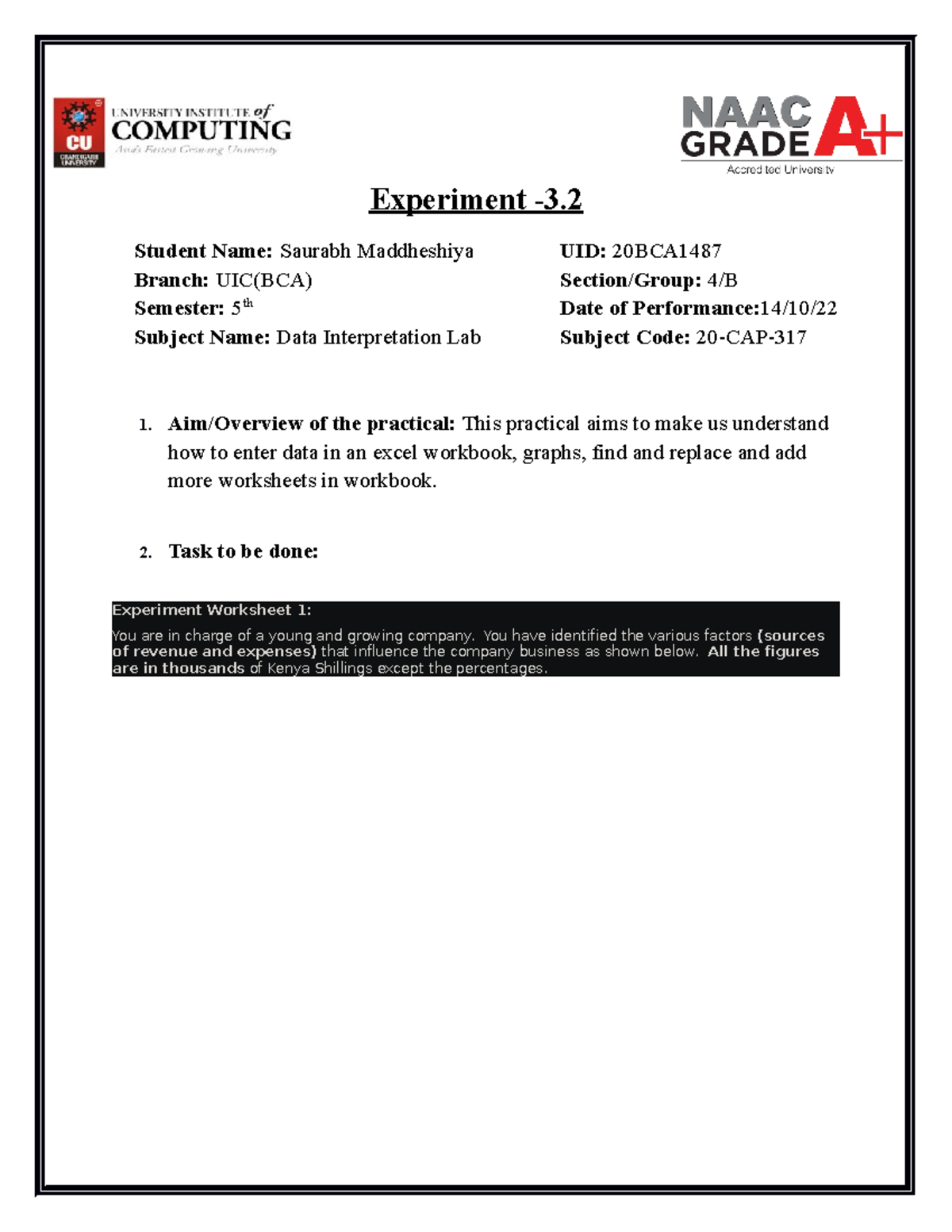 20BCA1487 Saurabh Worksheet 3 - Experiment -3. Student Name: Saurabh ...