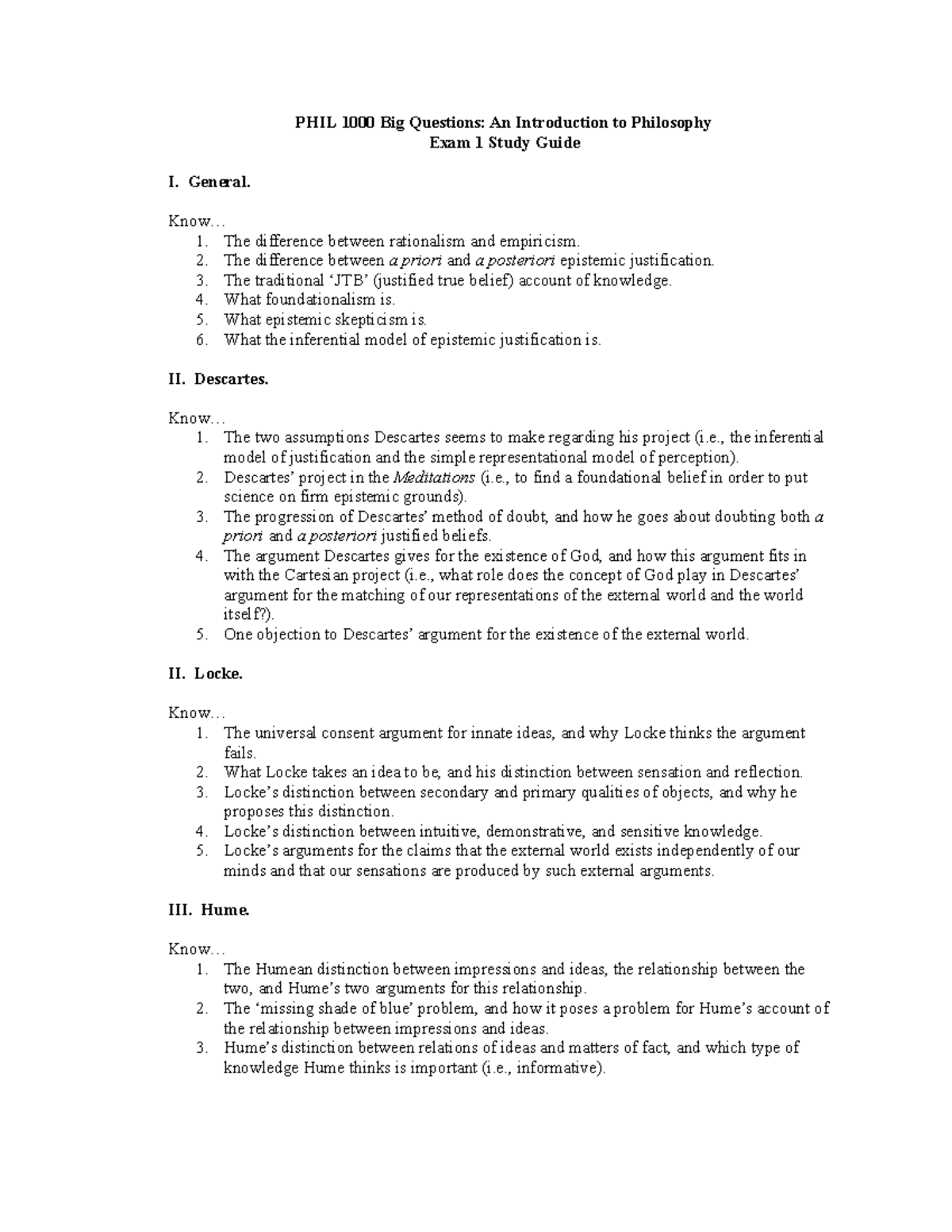 Review exam 1 - practice materials for exam one philosophy - PHIL 1000 ...