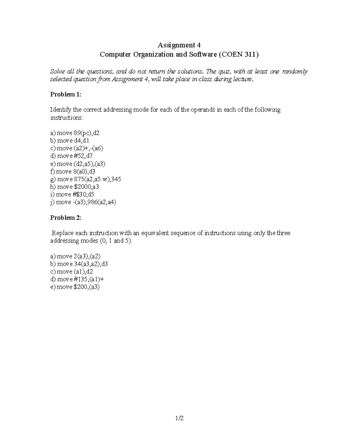 Seminar assignments - assignment 4 - Assignment 4 Computer Organization ...
