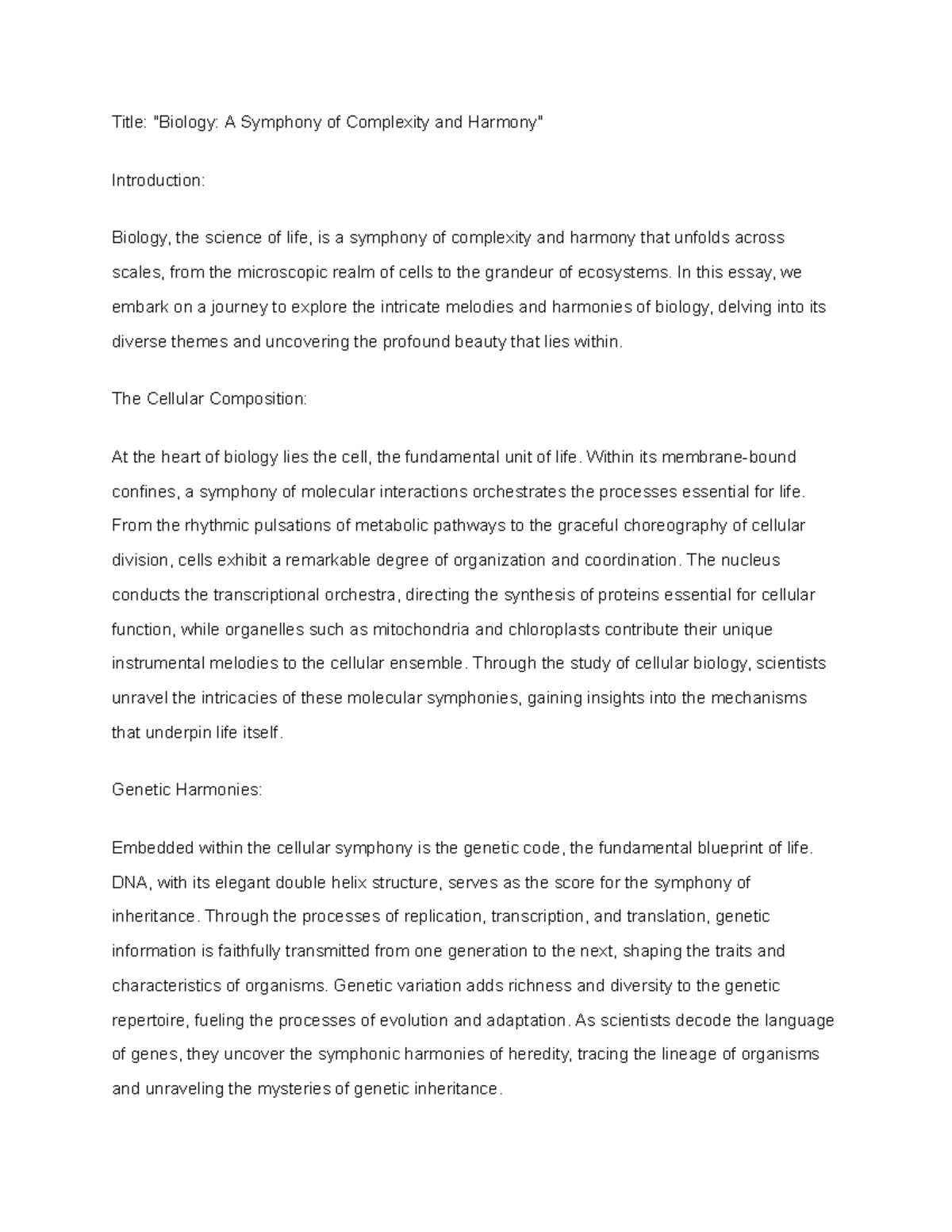 Bio 181 essay 6 - Title: "Biology: A Symphony of Complexity and Harmony ...