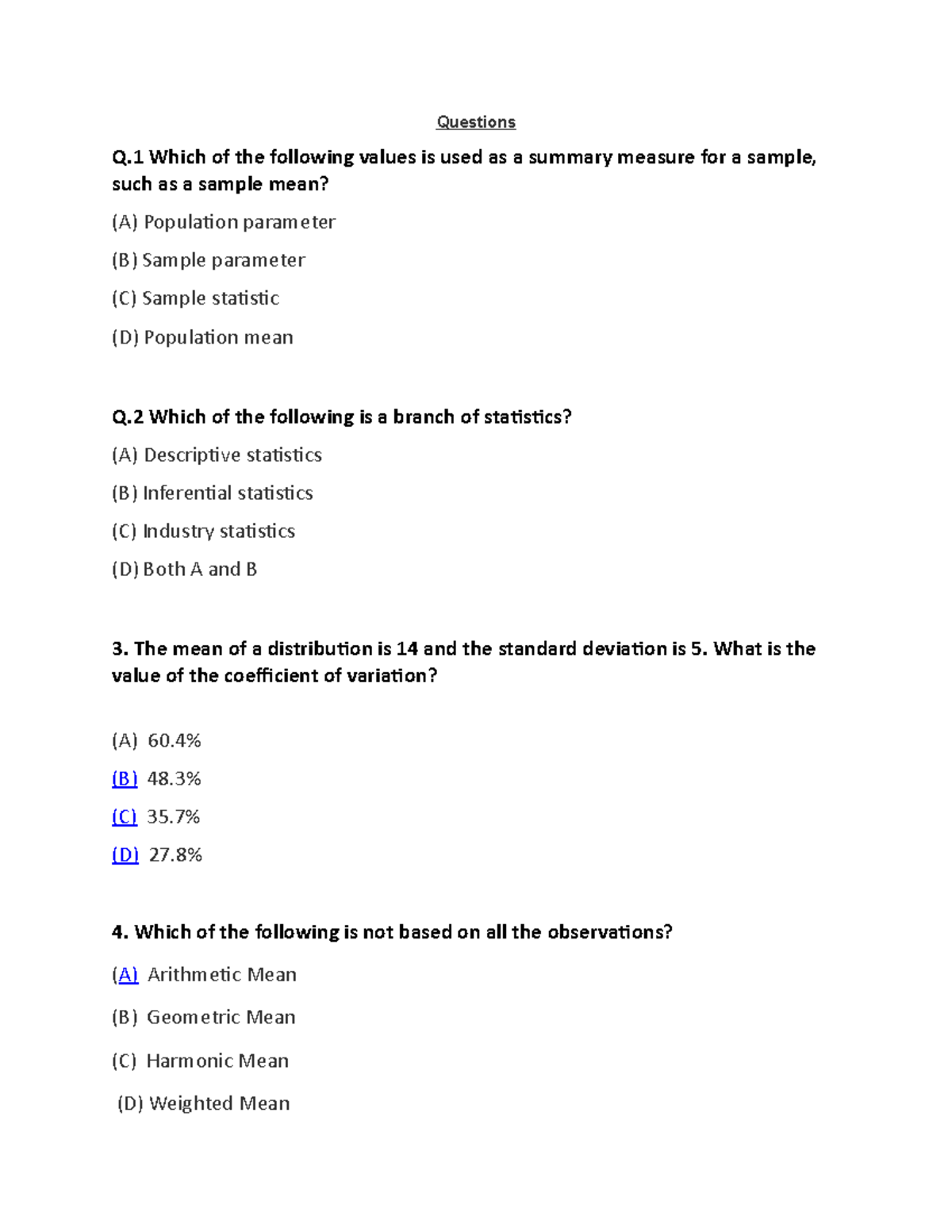 Statistics Questions - question on tutorial classes - Questions Q Which ...