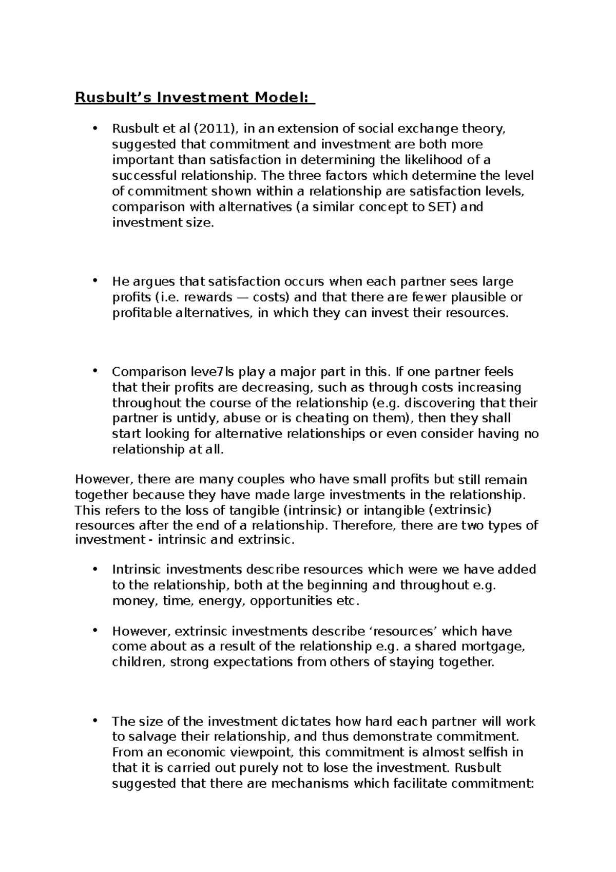 Rusbult - gjnhhyfv - Rusbult’s Investment Model: Rusbult et al (2011 ...