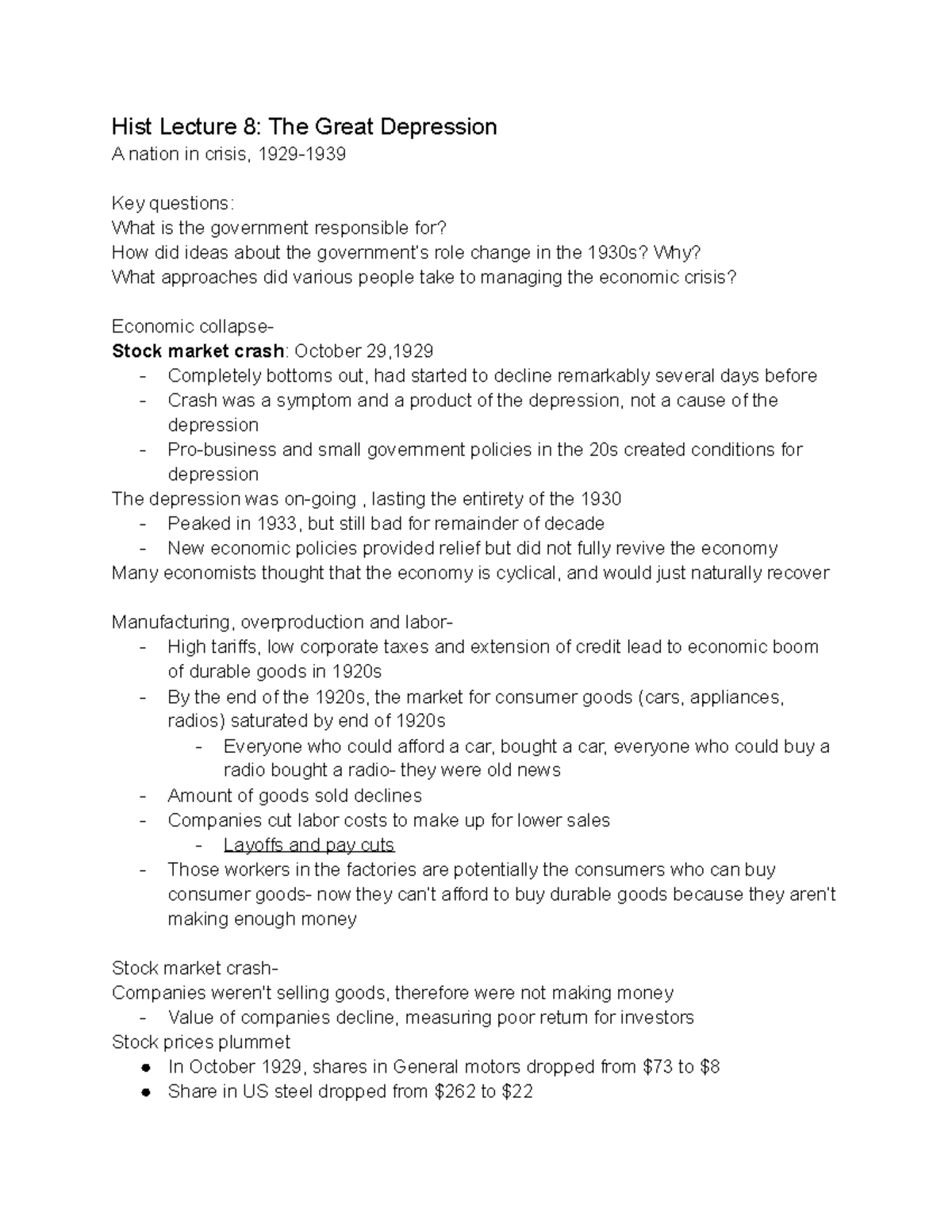 Hist 104 Lecture 8: The Great Depression - Hist Lecture 8: The Great ...