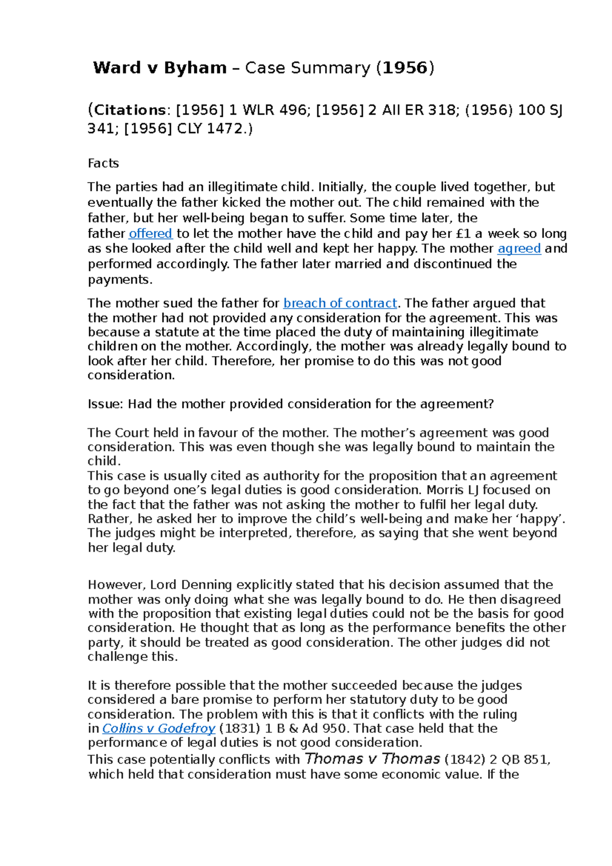 Consideration cases only - Ward v Byham – Case Summary ( 1956 ...