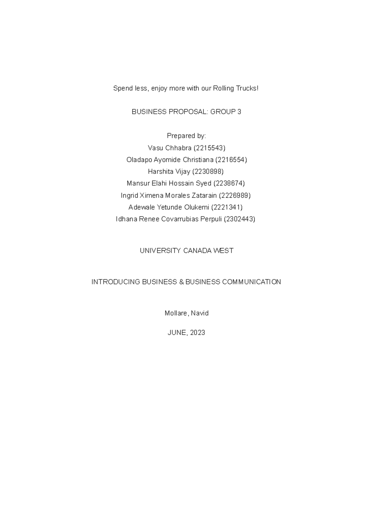 07-TEAM 3-Business Proposal Final Draft - MBAF 501 - UCW - Studocu