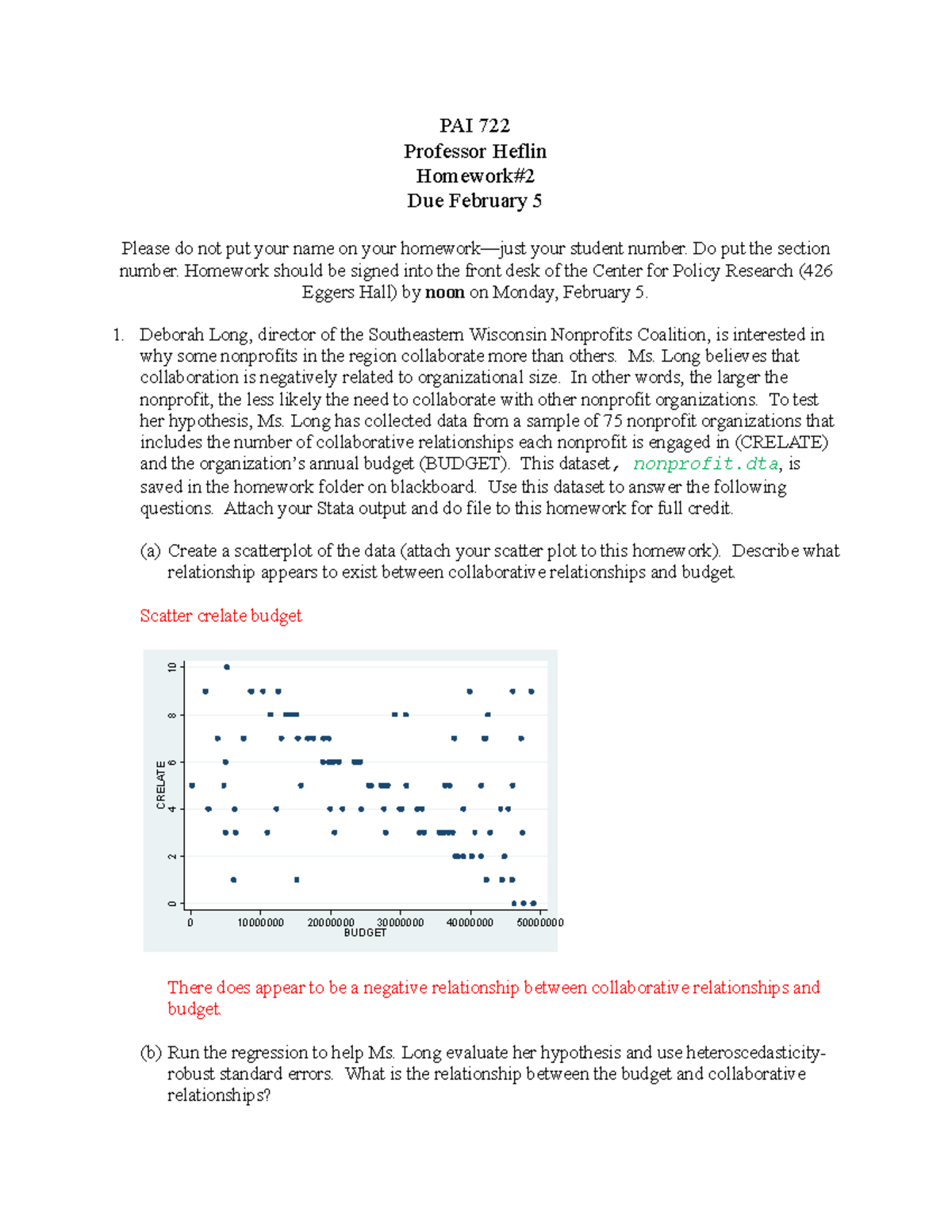 Hw#2 2018 ak - HW #2 answer key - PAI 722 Professor Heflin Homework#2 ...