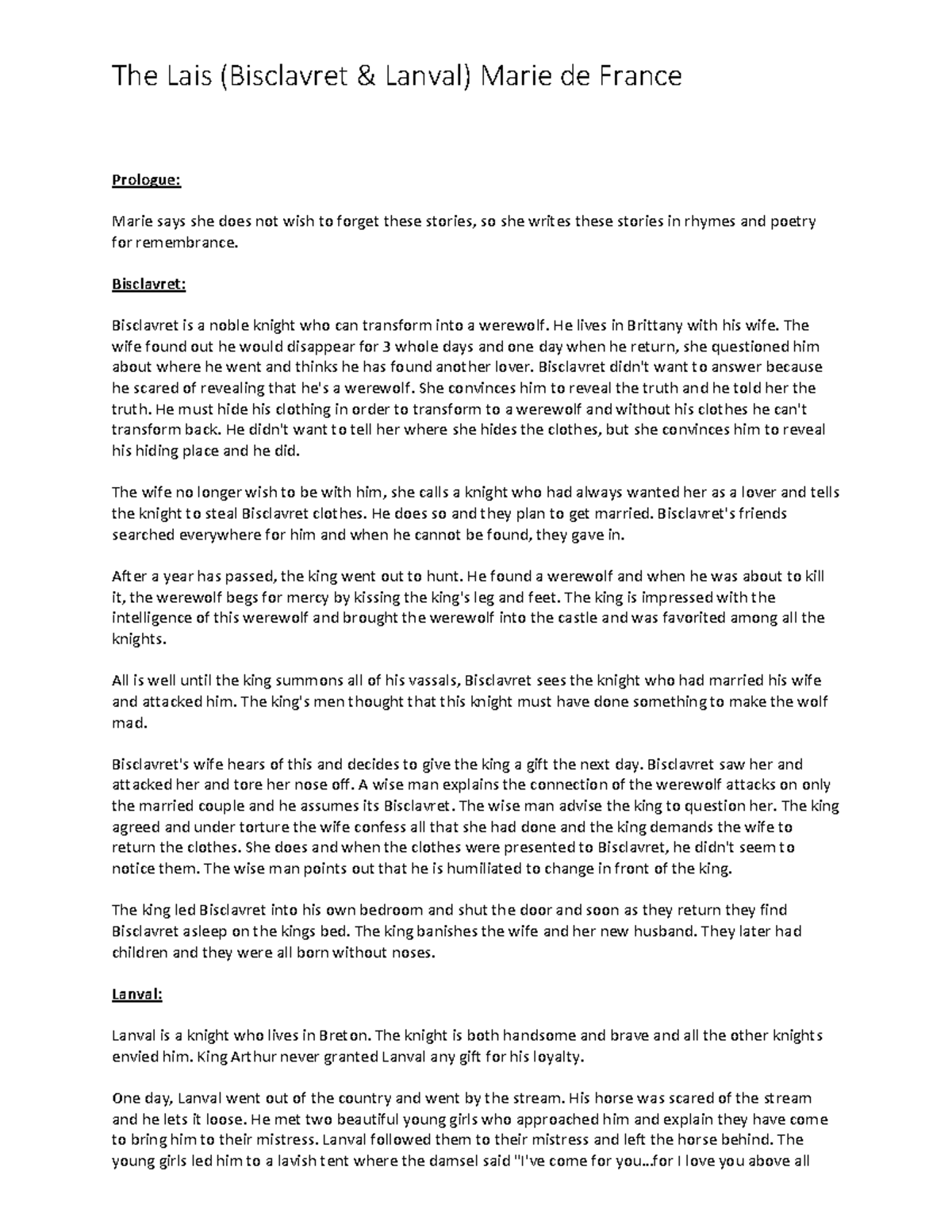 The Lais - Bisclavret & Lanval - Marie de France - WƌŽůŽŐƵĞ͗ - Studocu