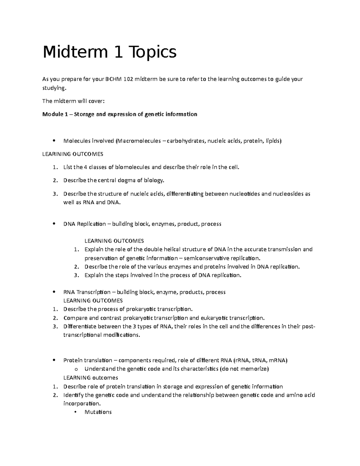 Midterm Topics - Midterm 1 Topics As you prepare for your BCHM 102 midterm be sure to refer to ...