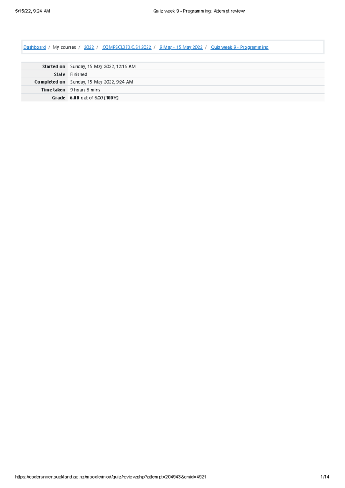 CS373 Quiz week 9 - Programming Attempt review - Dashboard/My courses/ 2022 / COMPSCI.373.C.S1 ...