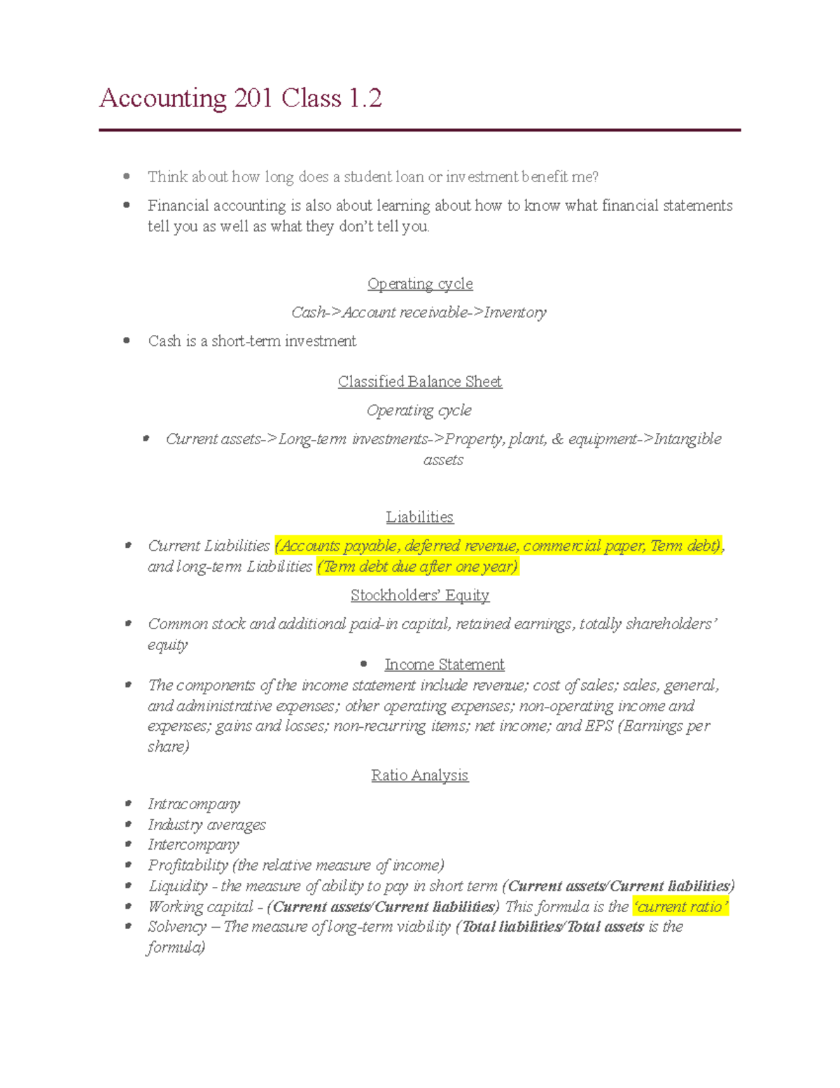 Accounting 201 Class 2 - Accounting 201 Class 1. Think about how long ...