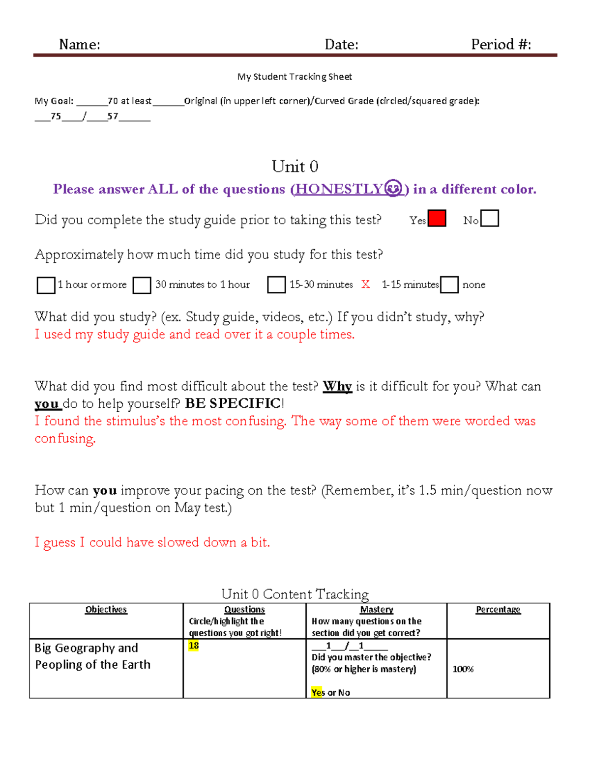 Unit 0 data tracker - Unit o test - Name: Date: Period #: My Student ...