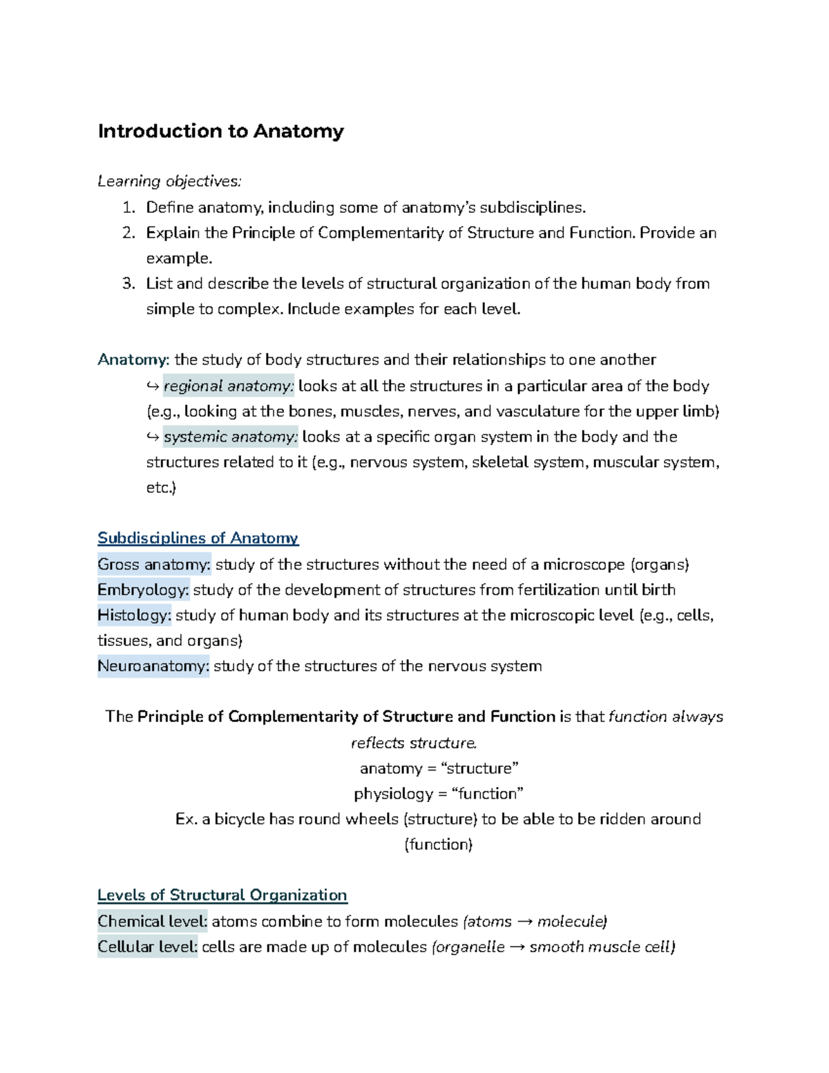 Unit 1 - Overview of Anatomy - Google Docs - Introduction to Anatomy ...