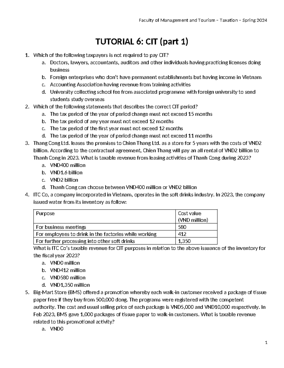 Tutorial 6 - 2024 - TUTORIAL 6: CIT (part 1) 1. Which of the following ...