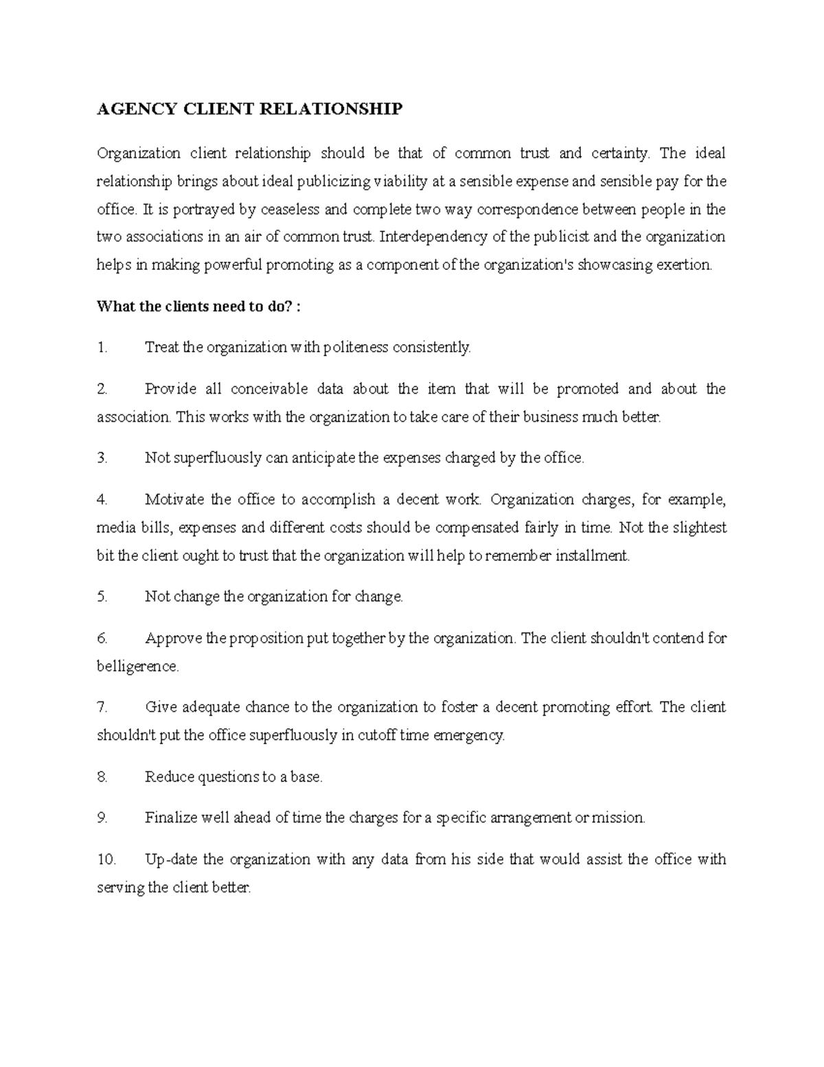 Agency Client Relationship - AGENCY CLIENT RELATIONSHIP Organization ...