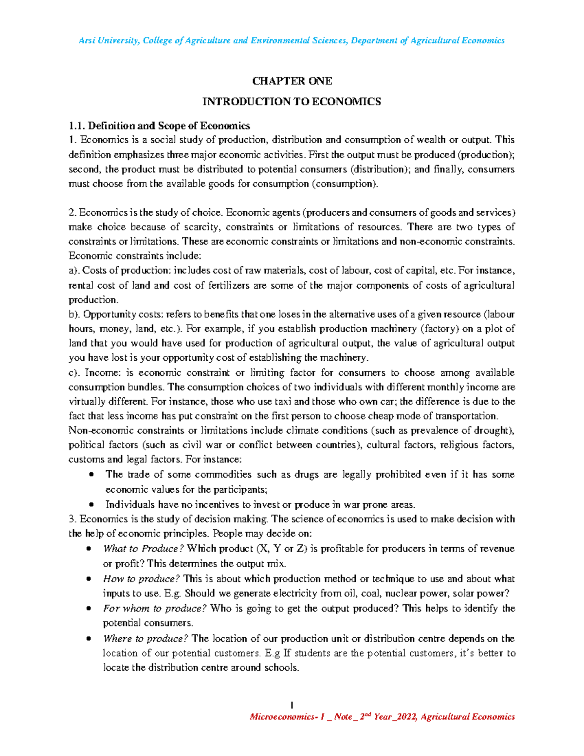 Microeconomics I Chapter 1 5 Handout - 1 CHAPTER ONE INTRODUCTION TO ...