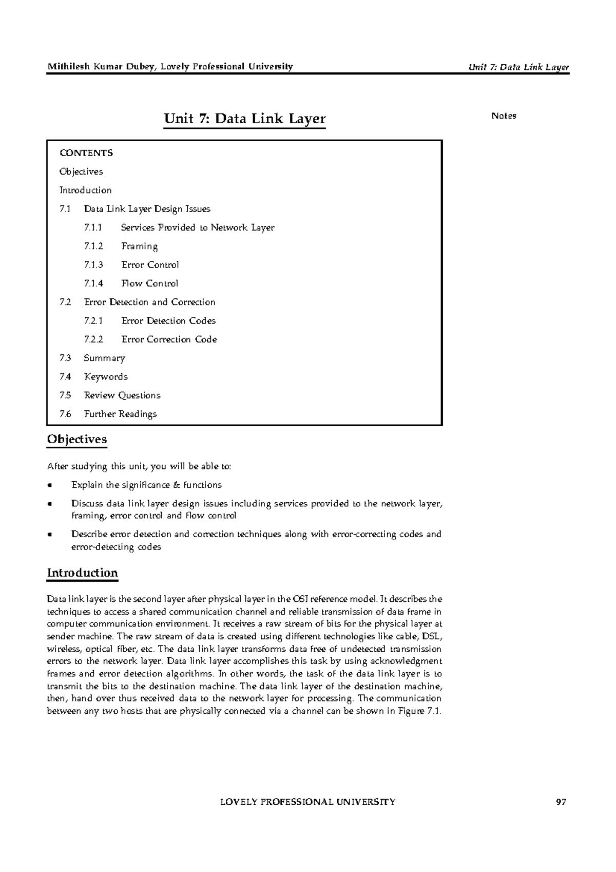 Computer Networks Chapter 7 Unit 7 Data Link Layer Unit 7 Data Link Layer Notes Contents 