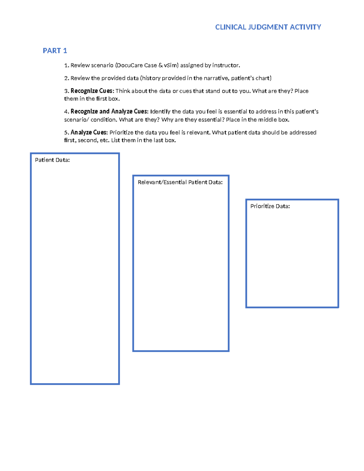 Pre-Clinical Clinical Judgment Worksheet - CLINICAL JUDGMENT ACTIVITY ...