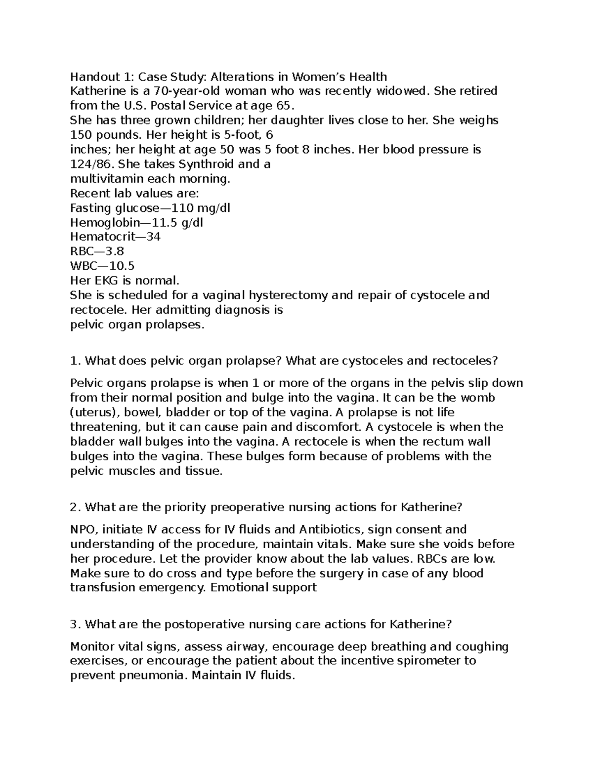 Module 10 Case Study - Handout 1: Case Study: Alterations in Women’s ...