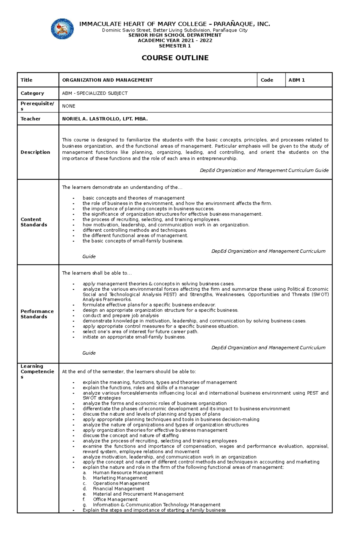 Organization & Management - Final COPY - Course Outline - IMMACULATE ...