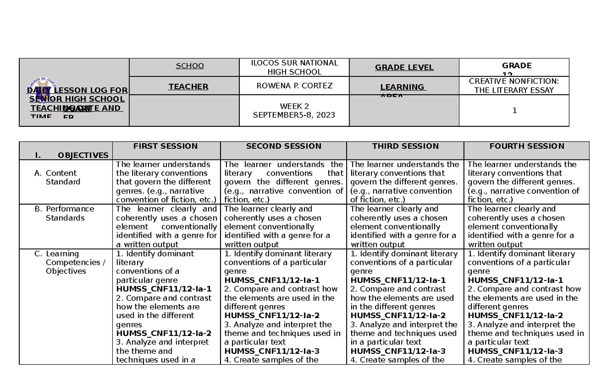 DLL-WEEK- Introduction - ILOCOS SUR NATIONAL HIGH SCHOOL GRADE LEVEL ...