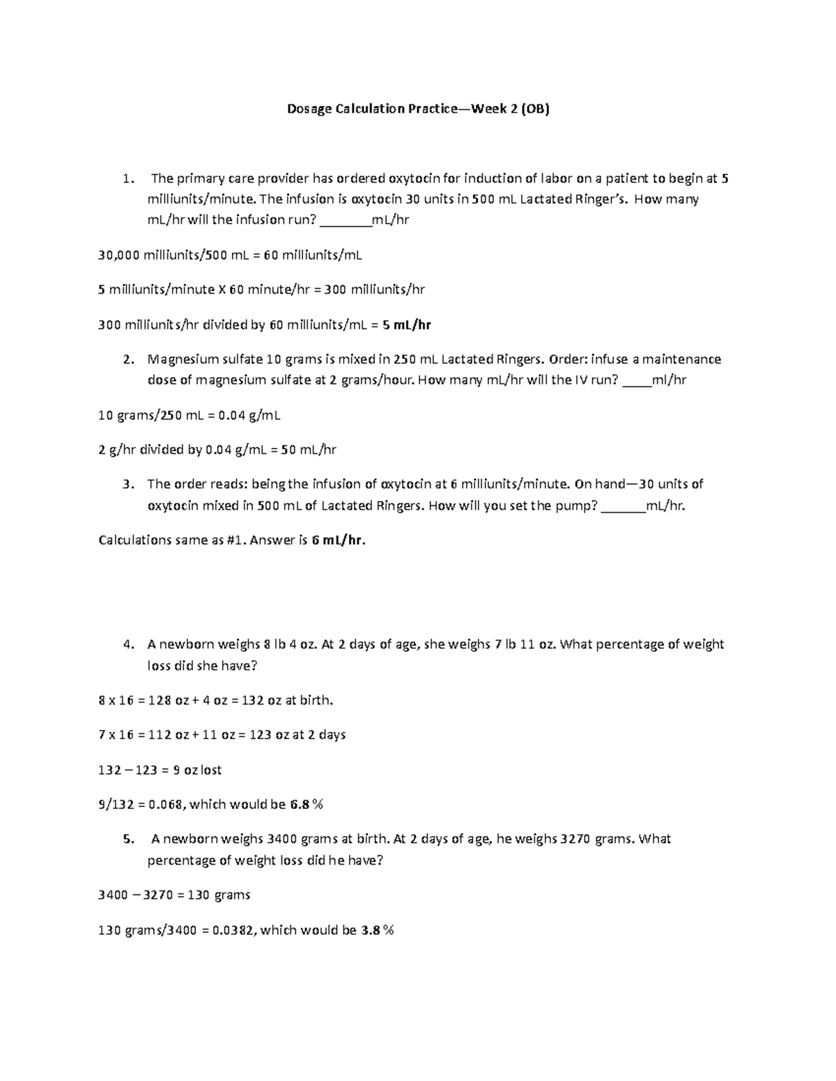 Dosage Calculation Practice Ob Wk 2 Answer Key Dosage Calculation