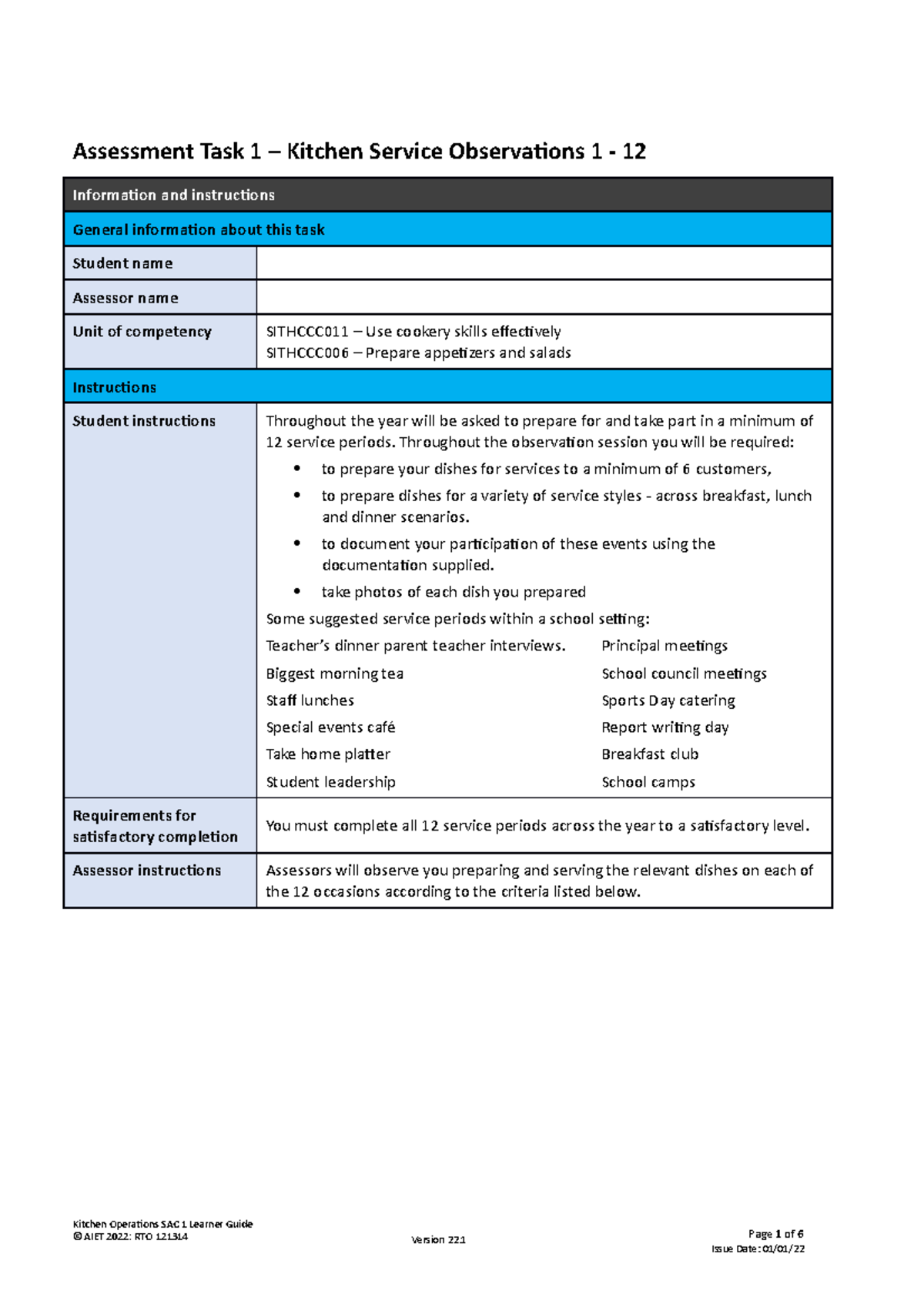 SIT20416 SAC1 Assessment Task 1 - Assessment Task 1 – Kitchen Service ...
