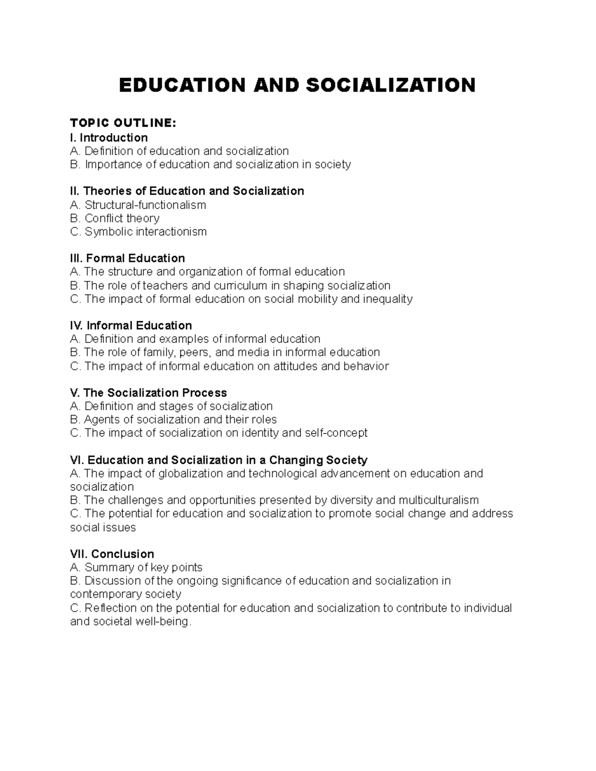 Education and Socialization - EDUCATION AND SOCIALIZATION TOPIC OUTLINE ...