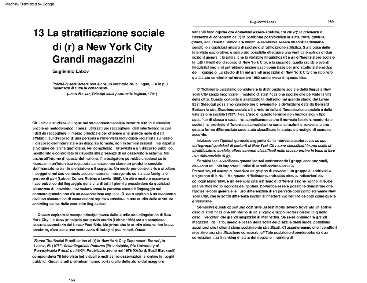 Labov - tradotto - Guglielmo Labov 13 La stratificazione sociale di (r ...