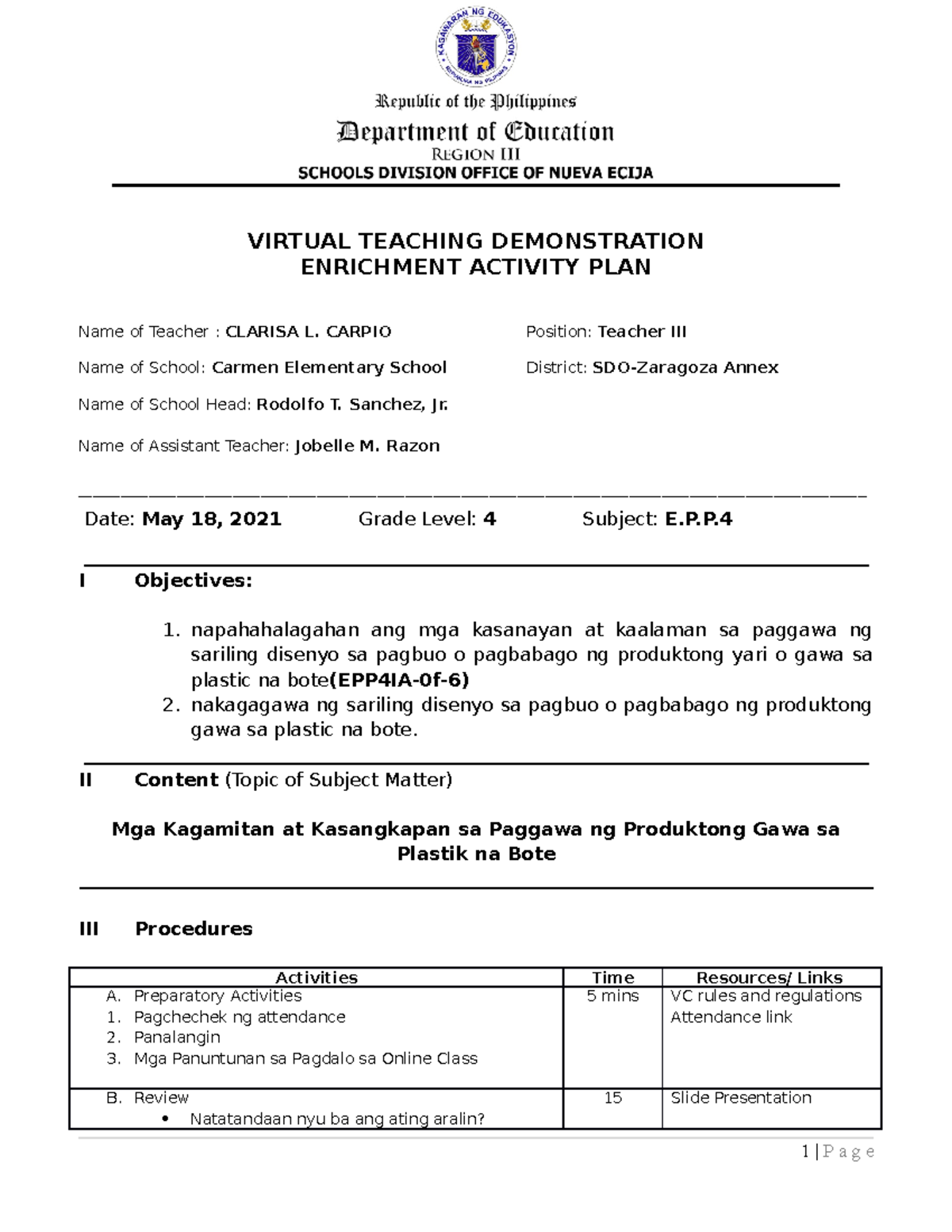 Enrichment Activity PLAN -EPP- WEEK 8 - VIRTUAL TEACHING DEMONSTRATION ...