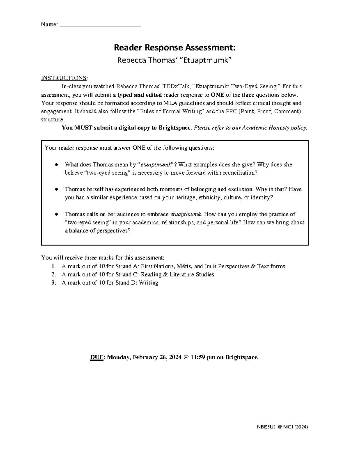 NBE3U Assessment (Reader Response) Sem 2 - Name ...