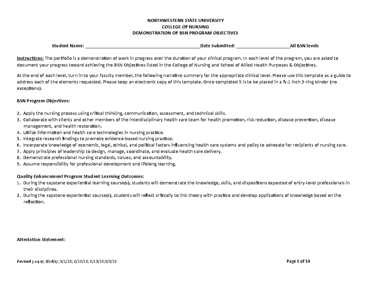 Newest Demonstration of BSN Program Objectives Portfolio All Levels ...