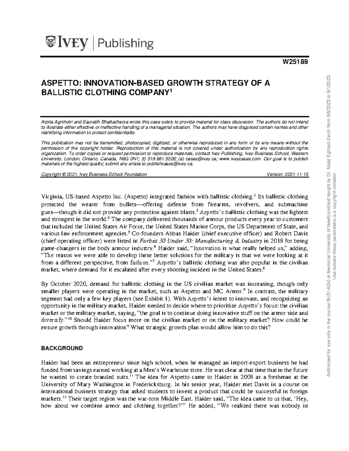 W25189 pcu - Report - W ASPETTO: INNOVATION-BASED GROWTH STRATEGY OF A ...