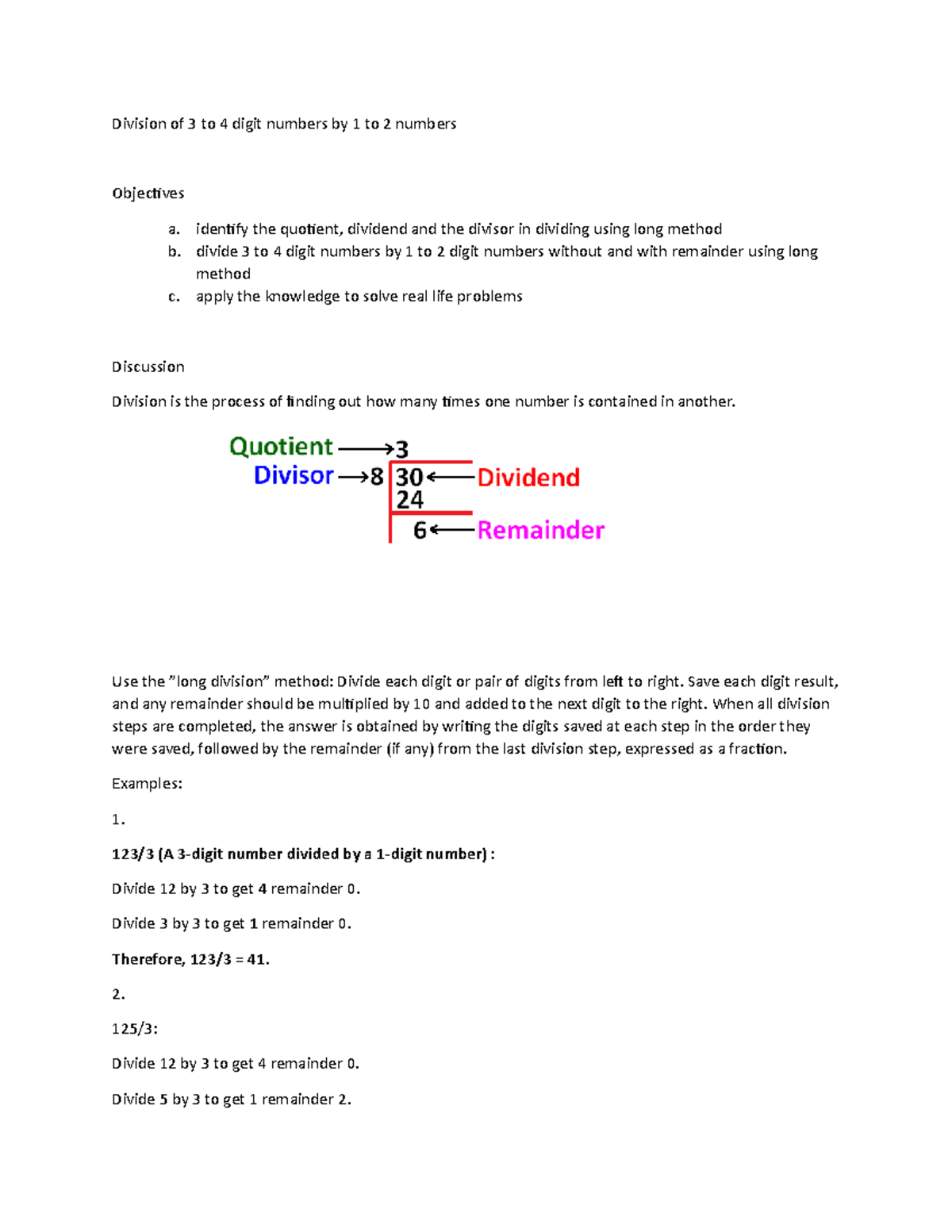 Division Of 3 To 4 Digit Numbers By 1 To 2 Numbers Division Of 3 To 4
